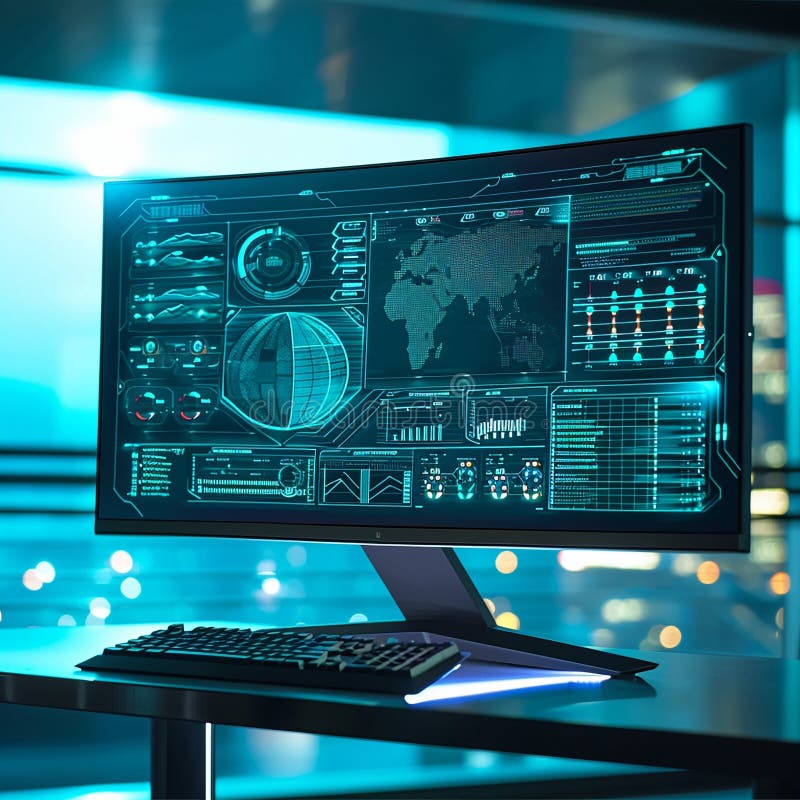 Computer Monitor with Graphs, Map, Dashboards. Technological Background ...
