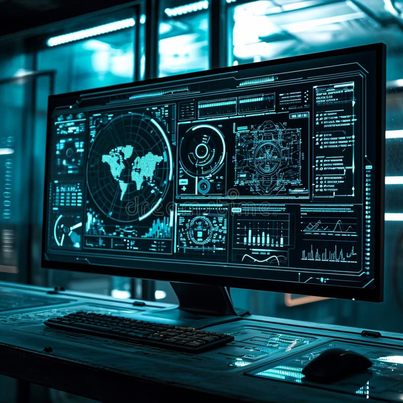 Computer Monitor with Graphs, Map, Dashboards. Technological Background ...