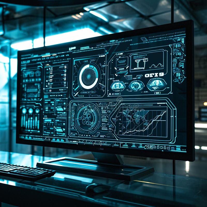 Computer Monitor with Graphs, Map, Dashboards. Technological Background ... Computer Monitor with Graphs, Map, Dashboards. Technological Background ...
