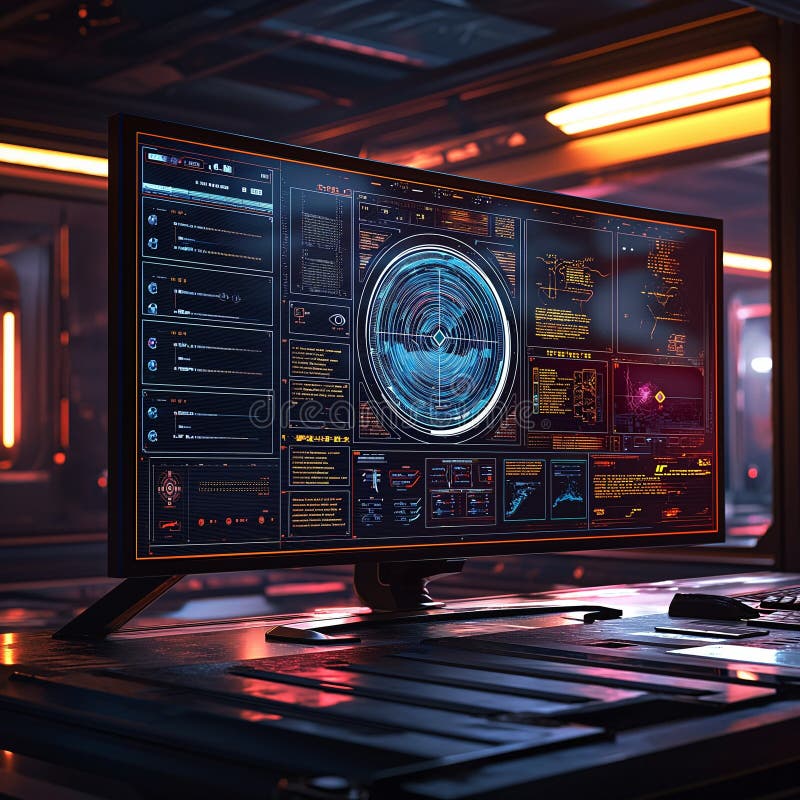 Computer Monitor with Graphs, Map, Dashboards. Technological Background ...