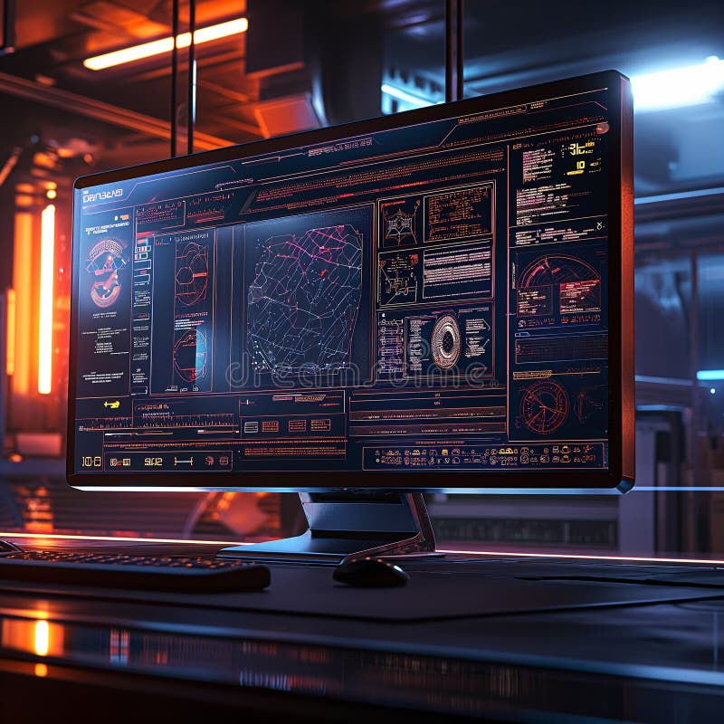 Computer Monitor with Graphs, Map, Dashboards. Technological Background ...
