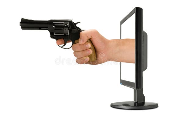Computer Monitor and Hand with Gun Stock Photo - Image of crime ...