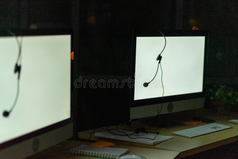 Computer Monitor and Headset in Customer Service Call Centerworkstation ...