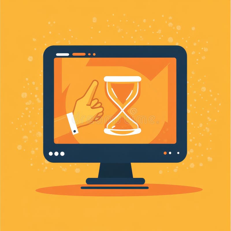 Computer Monitor with Hourglass Icon on Yellow Background. Vector ...