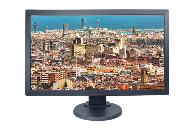 Computer Monitor Isolated on White with Screensaver Running Stock Photo ...