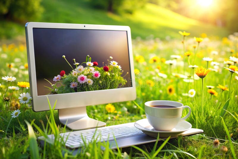 Computer Monitor with Keyboard,cup of Tea on Green Flower Meadow Stock ...