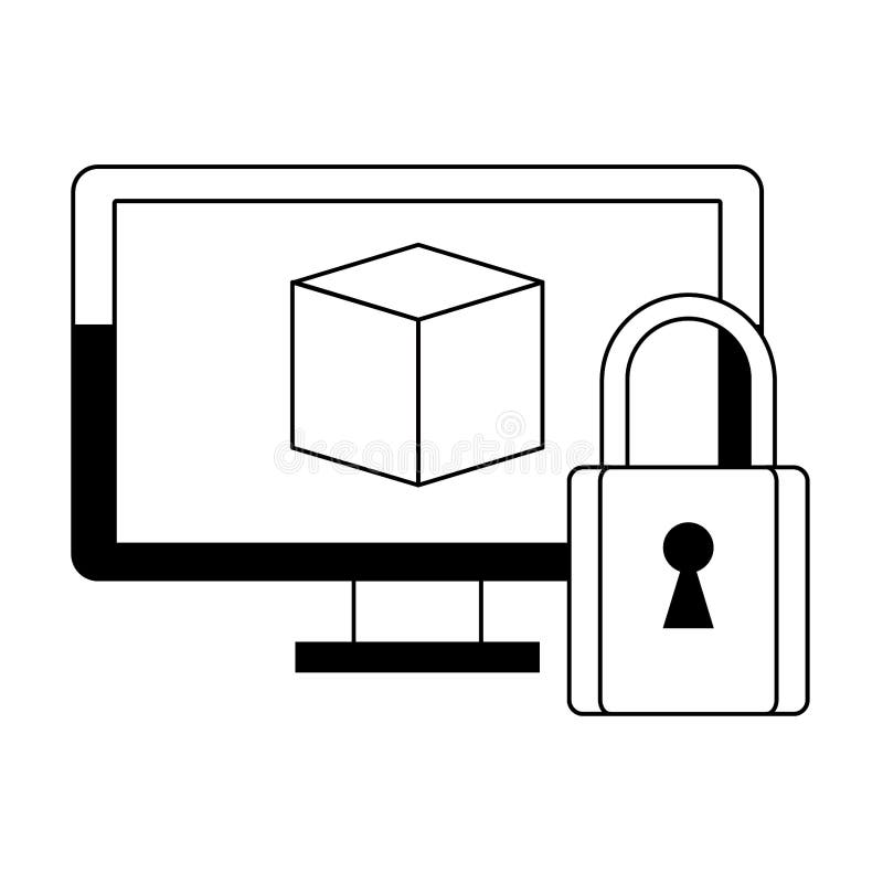 Computer Monitor and Padlock Security System in Black and White Stock ...
