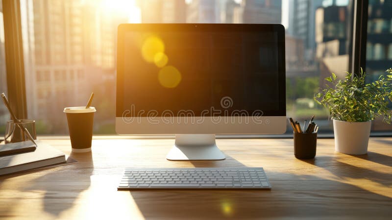 A Computer Monitor is Placed on a Desk Alongside a Steaming Cup of ...