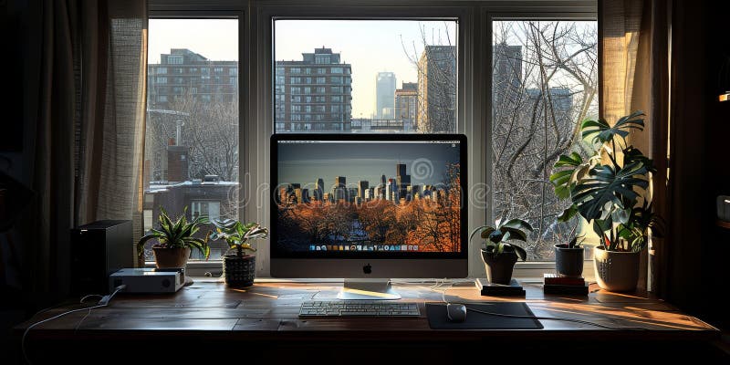 A Computer Monitor is Placed on a Desk, Facing a Window in a Room Stock ...