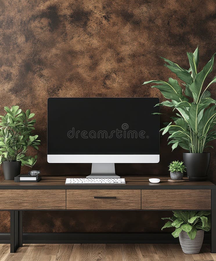 A Computer Monitor Rests on a Desk Adorned with Potted Plants, Creating ...