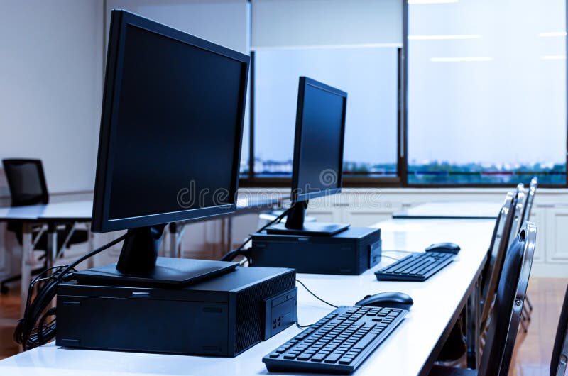Computer and Monitor Row in Computer Class Stock Photo - Image of ...