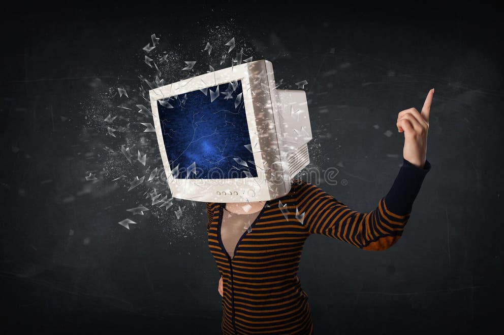 Computer Monitor Screen Exploding on a Young Persons Head Stock Photo ...