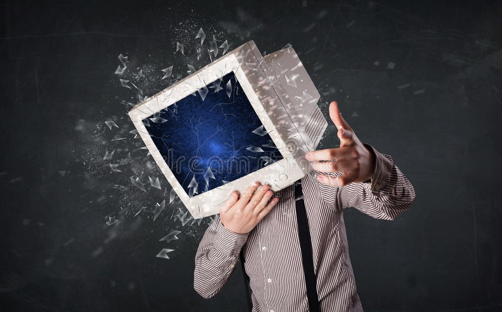 Computer Monitor Screen Exploding on a Young Persons Head Stock Image ...