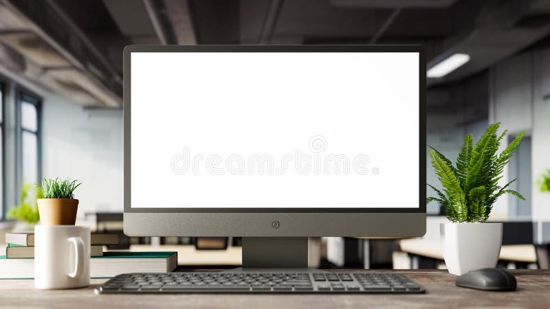 Computer Monitor Screen Mockup with Office Background, 3d Stock ...