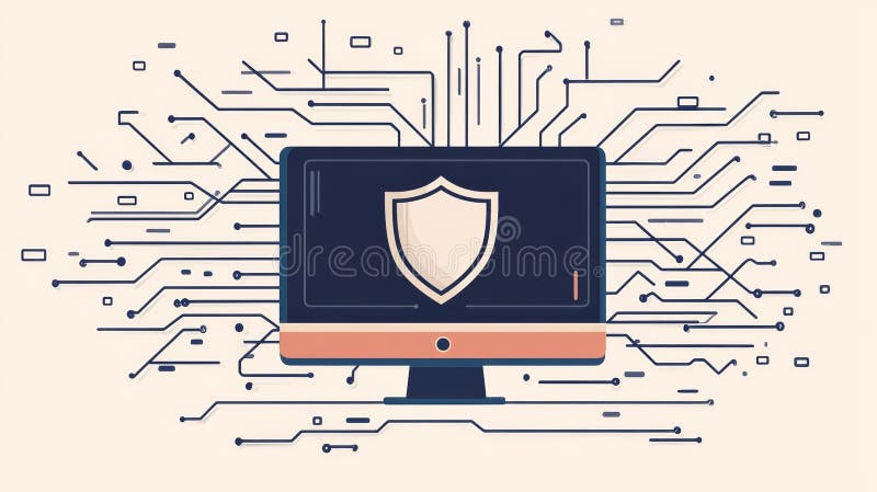 Computer Monitor with a Shield Icon Surrounded by Abstract Circuit ...