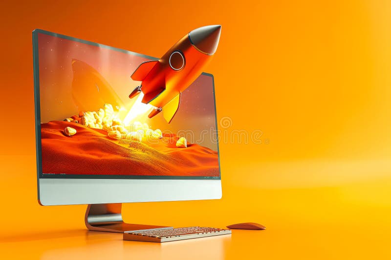 A Computer Monitor Shows a Rocket Launching into Space. Stock Image ...
