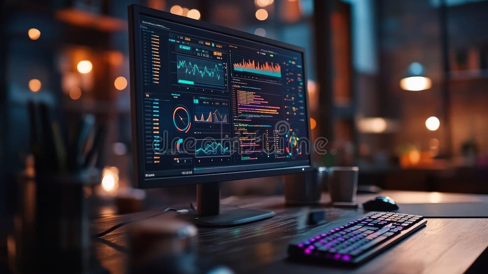 A Computer Monitor Shows Various Graphs and Data Analysis Charts ...