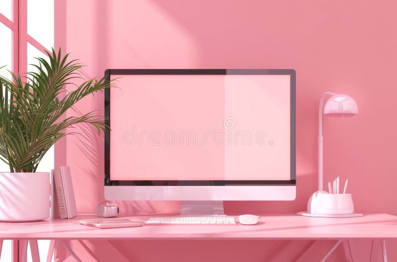 A Computer Monitor Sits on a Desk in Front of a Pink Wall Stock ...