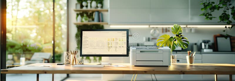 A Computer Monitor Sits on a Desk in a Kitchen with a Potted Plant by ...