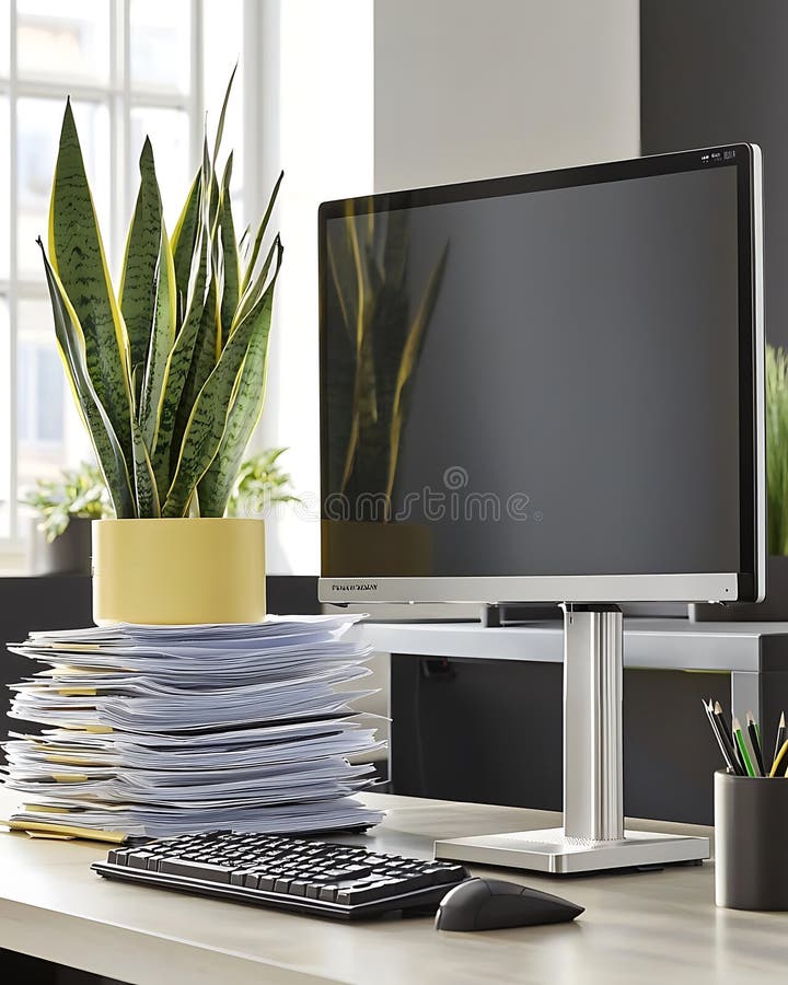 A Computer Monitor Sits on a Desk with a Stack of Papers in Front of it ...
