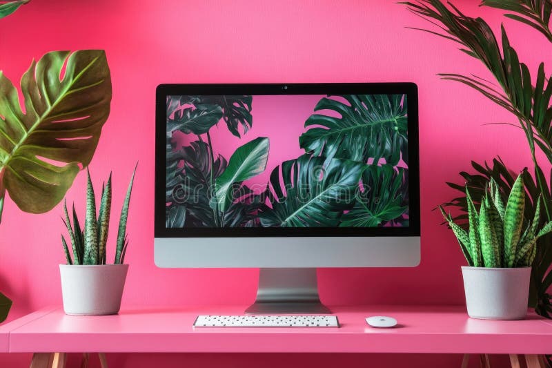 A Computer Monitor Sits on a Pink Desk, Providing a Unique Workspace ...