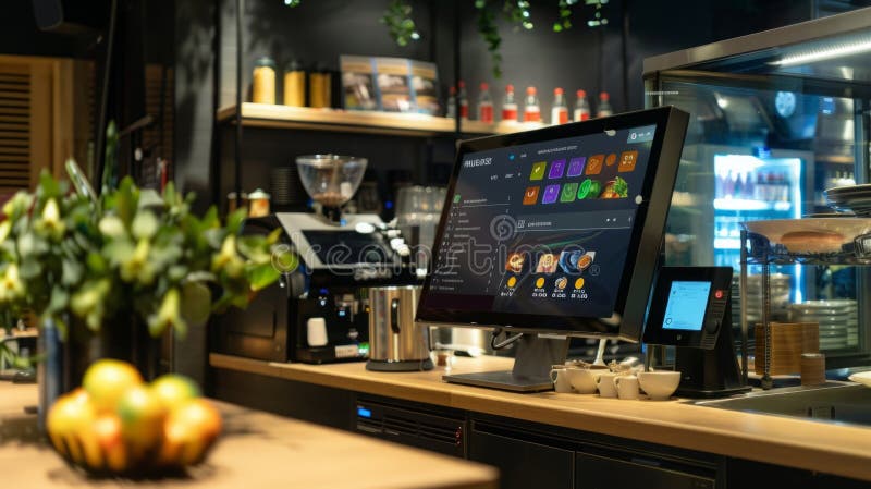 Computer Monitor on Counter in Cafe Stock Photo - Image of interior ...