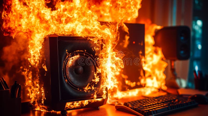 A Computer Monitor Sitting on Top of a Desk Covered in Flames Stock ...