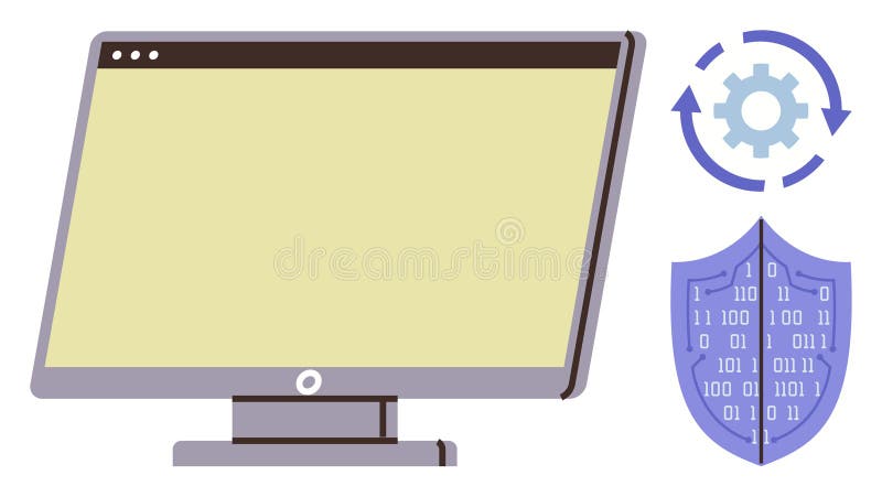 Computer Monitor with Software Update Gear and Digital Shield Representing Cybersecurity Stock ...