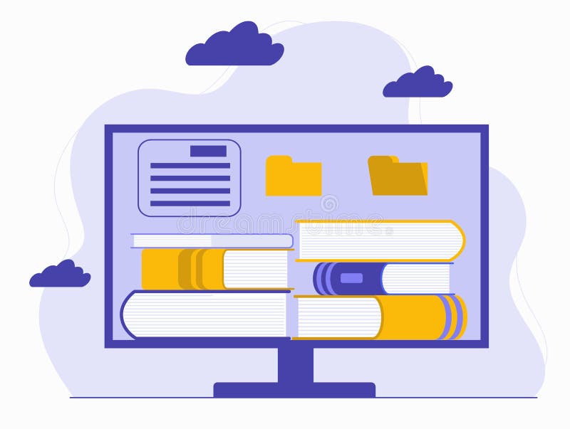 Computer Monitor with Stack of Books. Reading Literature, Gaining ...