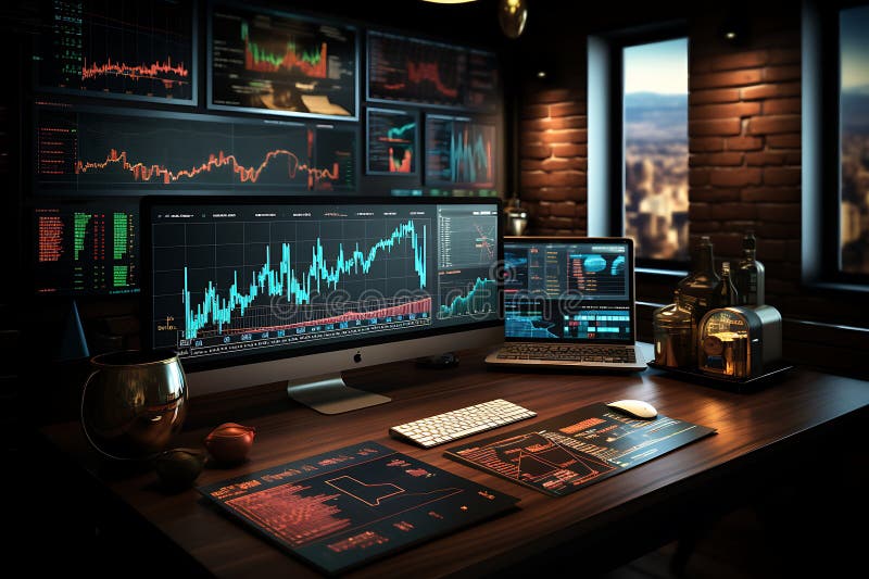 Computer Monitor with Stock Market Chart on the Table. 3d Rendering ...