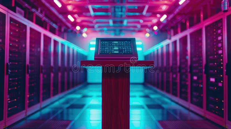 A Computer Monitor is on a Table in a Large Room with Neon Lights Stock ...