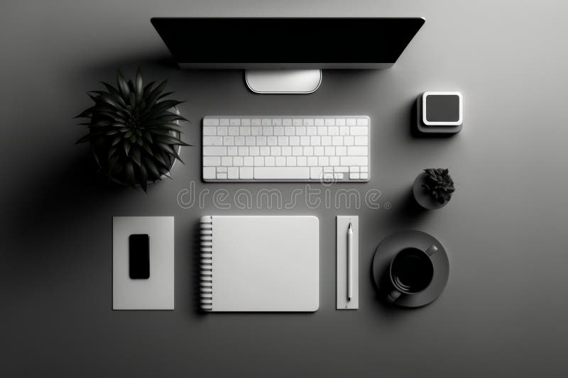 Computer with Monitor. Top View of Table with Objects for Work ...