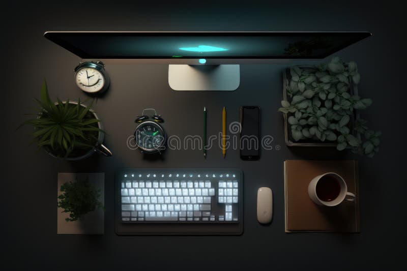 Computer with Monitor. Top View of Table with Objects for Work ...