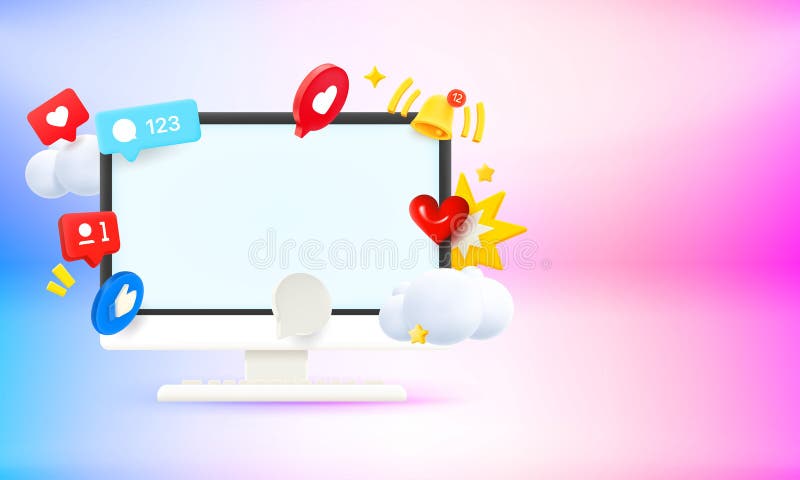 Computer Monitor with Video Social Media Elements and Blank Screen. 3d ...