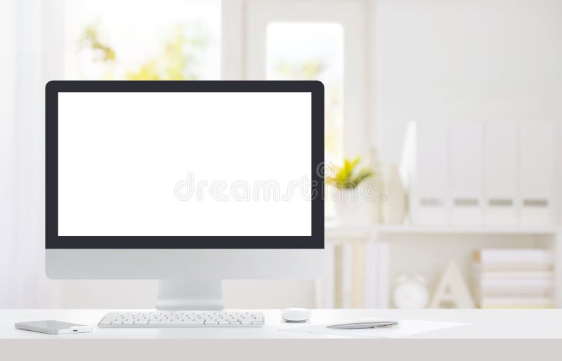 Computer Monitor with White Screen on Desk in Modern Office Stock Image ...