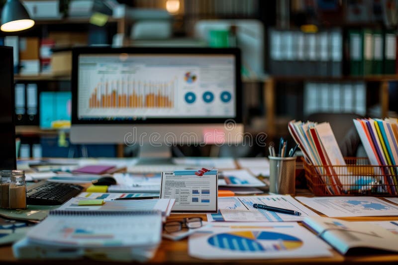 Computer Monitor on Wooden Desk, an Office Filled with Paper Reports ...
