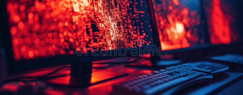 Computer Monitors Display a Digital Matrix in Red Tones Showing a Global System Failure Error ...