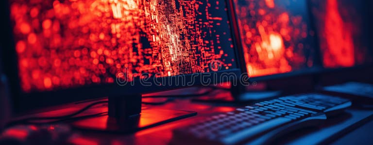 Computer Monitors Display a Digital Matrix in Red Tones Showing a Global System Failure Error ...