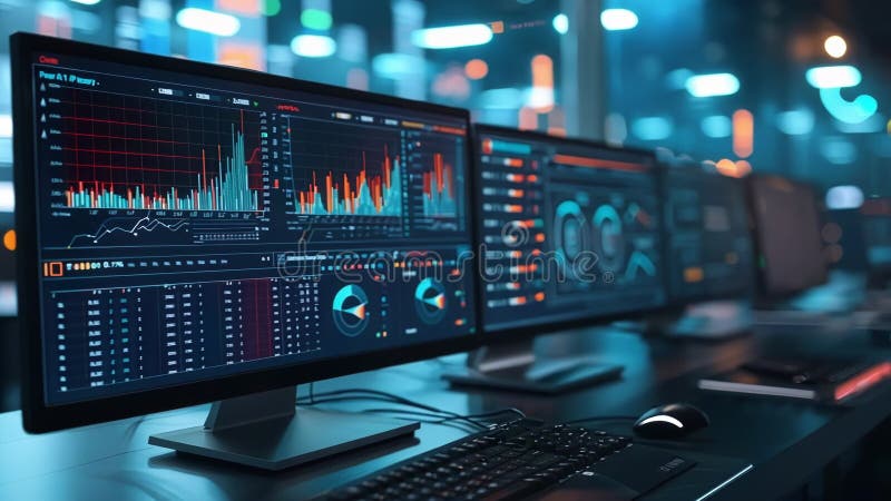 Computer Monitors Displaying Changing Charts in Modern Factory Stock Footage - Video of business ...