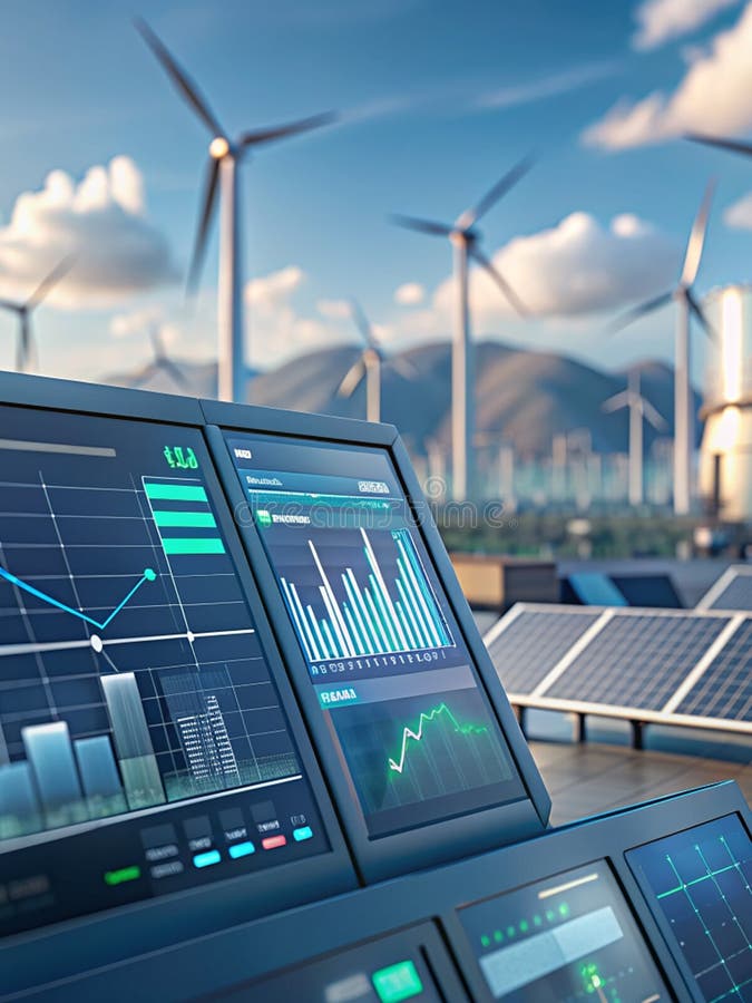 Computer Monitors Displaying Data Charts and Graphs in Front of a Solar ...