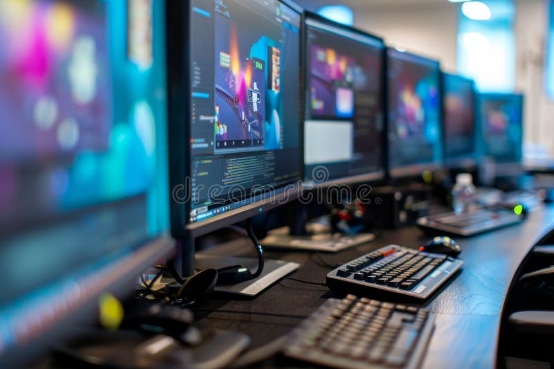 Computer Monitors and Keyboards Set Up on a Desk for Entertainment and ...