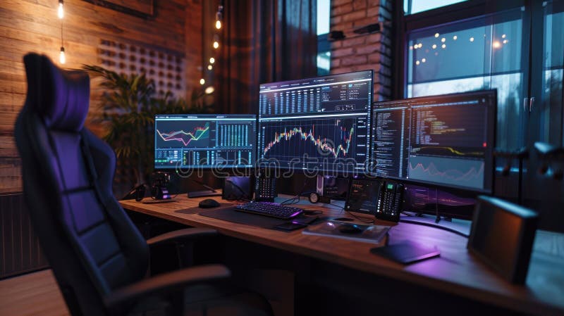 Computer Monitors, Laptop with Trader Charts on the Desk. Trader ...
