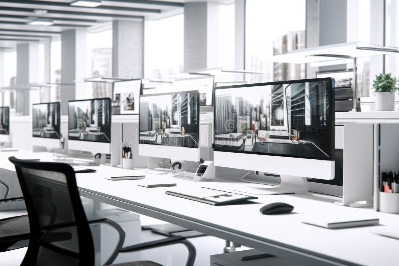 Computer Monitors Lined Up on a White Desk. Perfect for Illustrating a ...