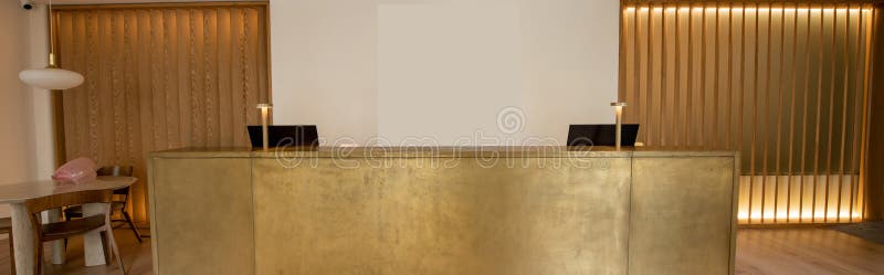 Computer Monitors at Luxury Reception Desk Stock Image - Image of ...