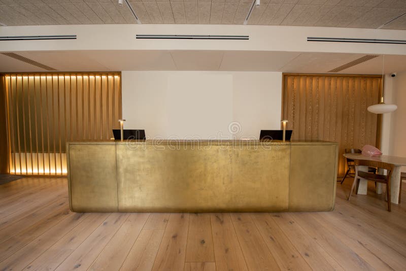 Computer Monitors at Luxury Reception Desk Stock Image - Image of ...