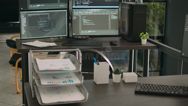 Empty Agency Office with Multiple Monitors Showing System Crash Warning ... Empty Agency Office with Multiple Monitors Showing System Crash Warning ...