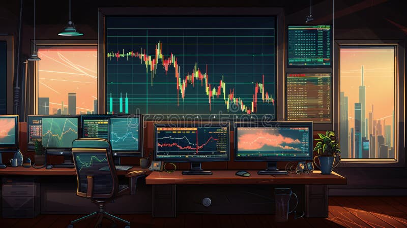 Computer Monitors with Stock Market Charts and Graphs on the Screen. 3d ...