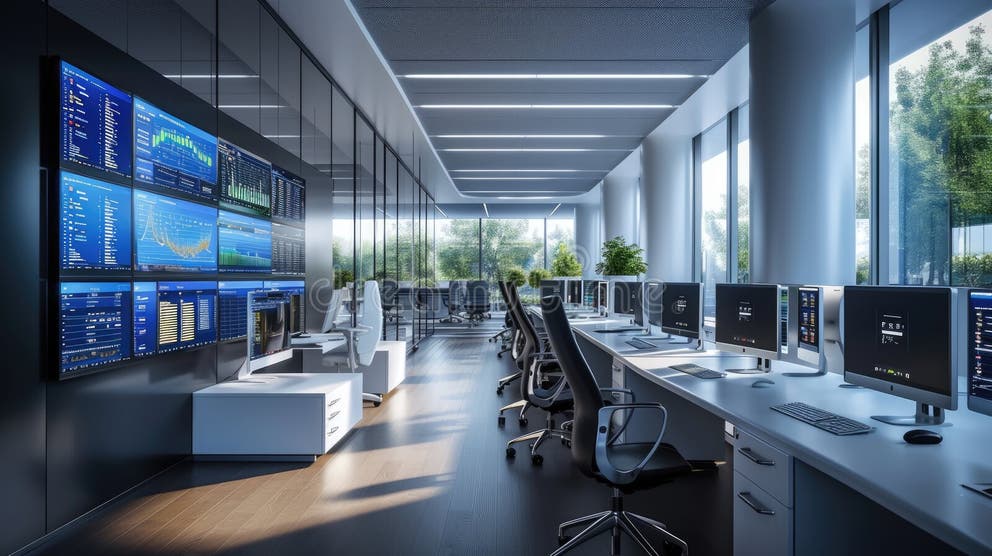 Computer Monitors, Symmetrical Glass Office Setup, Building Engineering ...