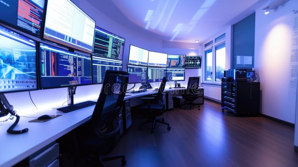 Computer Monitors, Symmetrical Glass Office Setup, Building Engineering ...