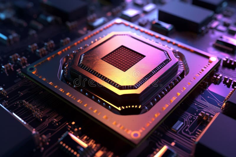 Computer Mother Board Chip with AI Text and Glowing Circuit Background ...